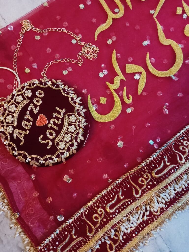 Customised Nikah Dupatta and Round Name Clutch - Combo - Ruchi Mehra Label